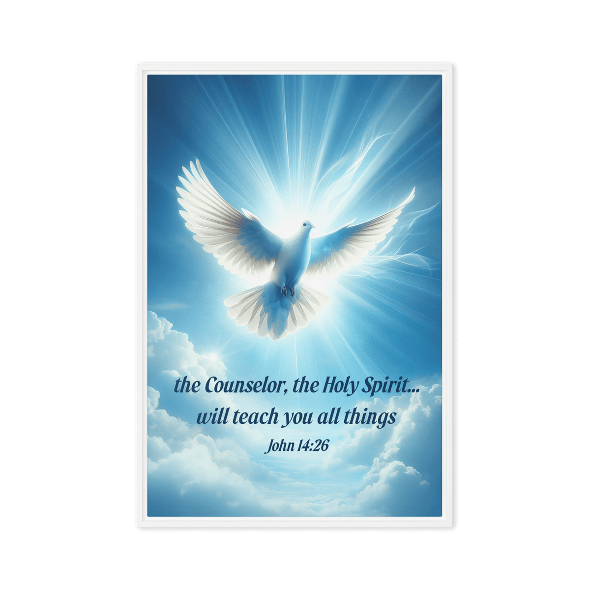 John 14:26 Bible Verse, Holy Spirit Dove Framed Canvas Print